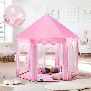 Princess Tent for Kids - Castle Playhouse Tent with LED Star Lights – Large Kids Play Toys for Indoor & Outdoor – 55"x53" Pink