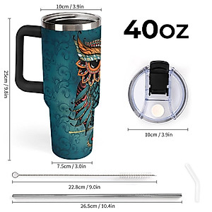 Niapessel Leak Proof Tumbler, Insulated Water Bottles with Straw, Owl Ethnic Insulated Cup with Handle 40 Oz Stainless Steel Flask for School, Travel, Car, Sports, Work