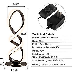 Adebime Modern Table lamp, Stepless Dimmable LED Spiral lamp Black Unique Bedside lamp, 12W 3200K Contemporary Nightstand Lamp, Warm White Office Desk lamp for Bedroom Living Room Home