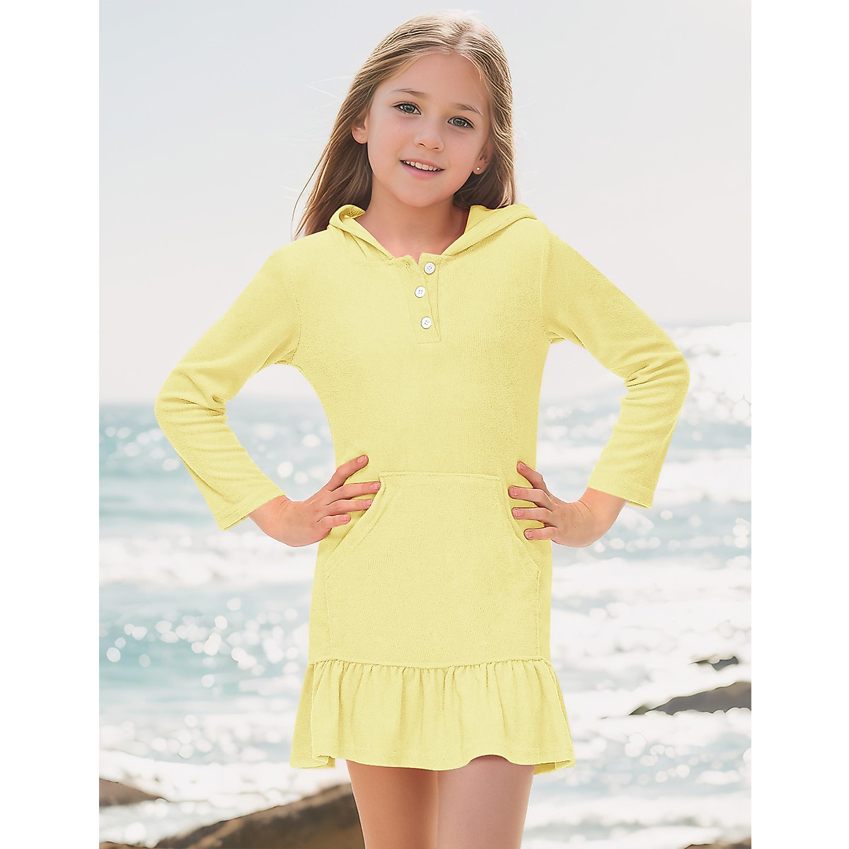 BesserBay Girl's Summer Towel Dress Terry Button Down Solid Bathrobe Ruffle Hem Yellow Quickly Dry with Pocket Hoodie Beach Robe 3-4 Years