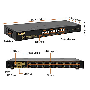 JideTech HDMI USB KVM Switch 8 Port Up to 4K@30Hz Resolution with USB 2.0 Hub Support Hotkey Mouse Switching for Linux, Windows, Mac, Unix