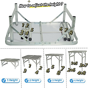 Moosinily Small Folding Table 2FT Foldable Camping Table Portable Picnic Table Metal 4 Height Adjustable Outdoor for Beach BBQ White 23.6×15.7 inch