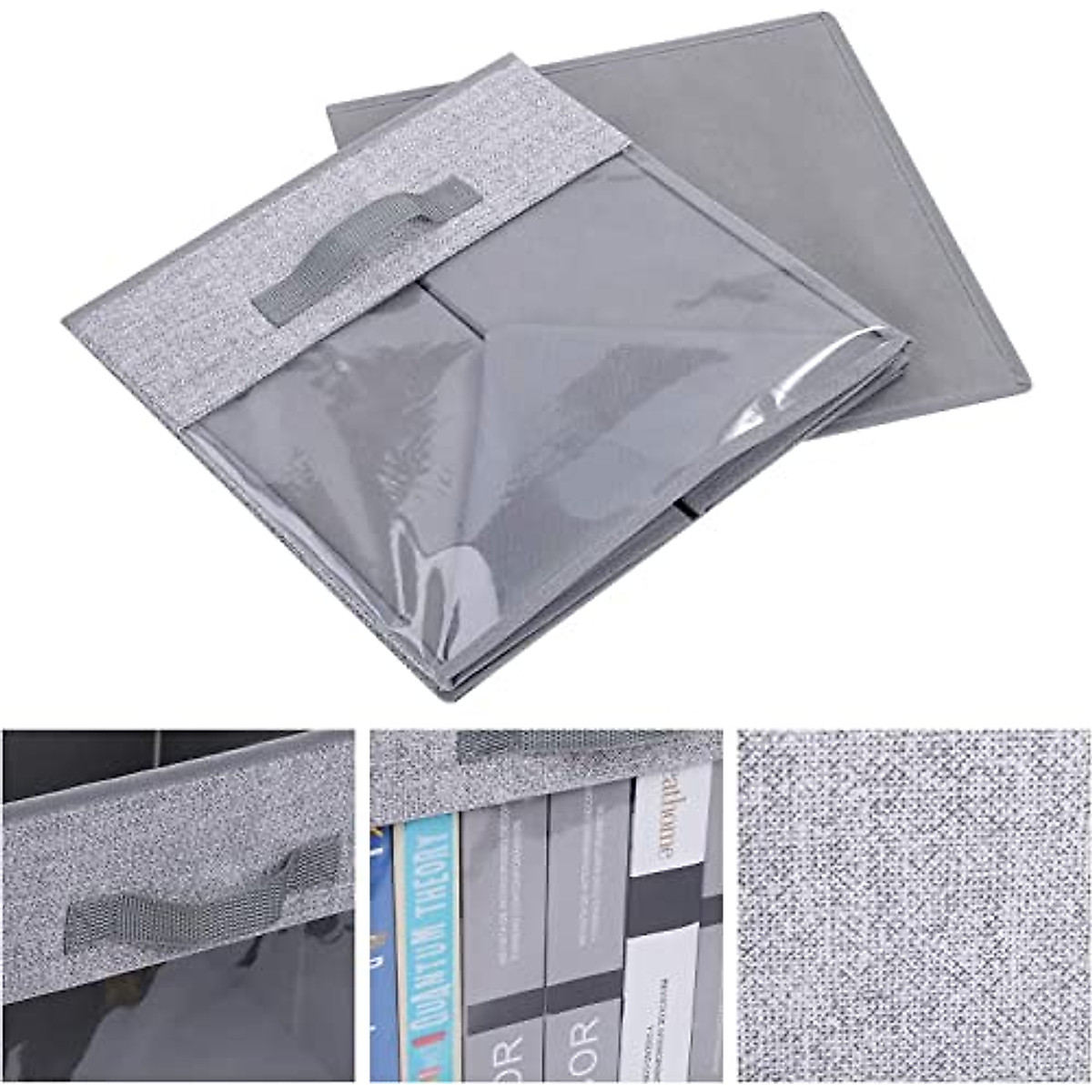 DIMJ Cube Storage Bins, 3 Packs Clear Window Fabric Storage Bin Organizer for Closet Shelves Home Storage Cubes Organizer with Handles