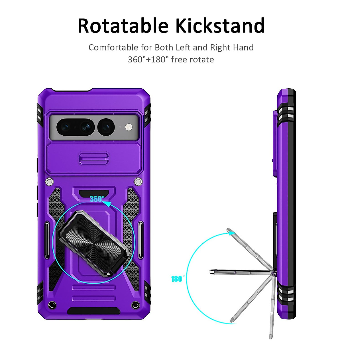 Nvollnoe Google Pixel 7 Pro Case, Purple Heavy Duty Protective Sturdy Rotate Ring Kickstand Phone Case with Sliding Camera Cover, Military Grade, TPU+PC 2 in 1 Construction