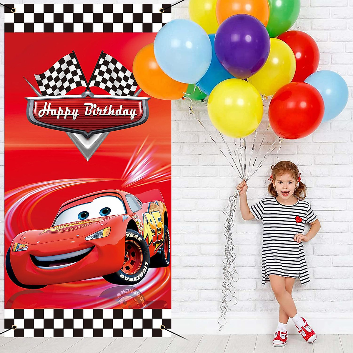 Generic 36x72inch Racing Car Cartoon Birthday Banner Cars Story Race Party Door Cover Black White Grid Flag Children Boys Happy Birthday Decoration Supplies, red