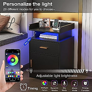 Tcpuolr Nightstand with Charging Station & Cabinet Storage, Led Night Stand with Drawer & Open Shelf, Bedside Table with Top Baffle, End Table for Bedroom, Living Room, Black