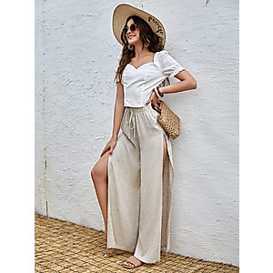 SweatyRocks Women's High Waist Drawstring Split Thigh Wide Leg Palazzo Pants Khaki XL