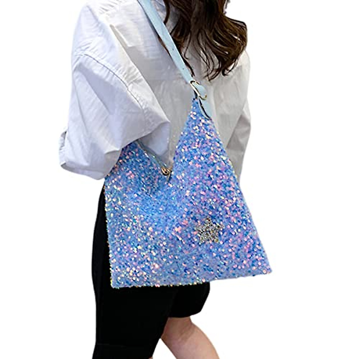 WIGUYUN Womens Mermaid Sequins Shoulder Bag Reversible Sequin Handbag Purse Sparkling Tote Shiny Hobo Bag, Blue