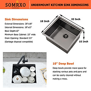 SOMRXO 20x18 Inch Undermount Workstation Bar Sink - 16-Gauge Gunmetal Black Stainless Steel, Single Bowl Compact Design for Outdoor, RV & Small Kitchens