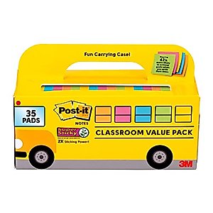 Post-it Super Sticky Notes, Classroom Value Pack, 35 Pads/Pack, 2X The Sticking Power, 3x3 in, Bright Colors (654-35SSBUS)