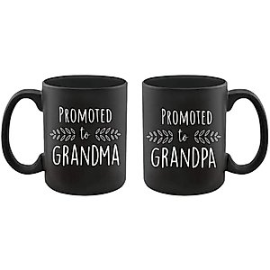 Pregnancy Announcement For Grandparents Black Coffee Mugs - Grandma To Be & Grandpa to Be 11 oz Mugs - Pregnancy Reveal Idea For Baby Announcement - Mug Set - Promoted to Grandma & Grandpa