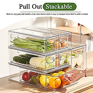 bealy 2 Packs Refrigerator Organizer Bins with Pull-out Drawer,Stackable Fridge Organizers and Storage Clear with Handle,Kitchen Storage Containers Sets for Freezer, Cabinet, Pantry Organization