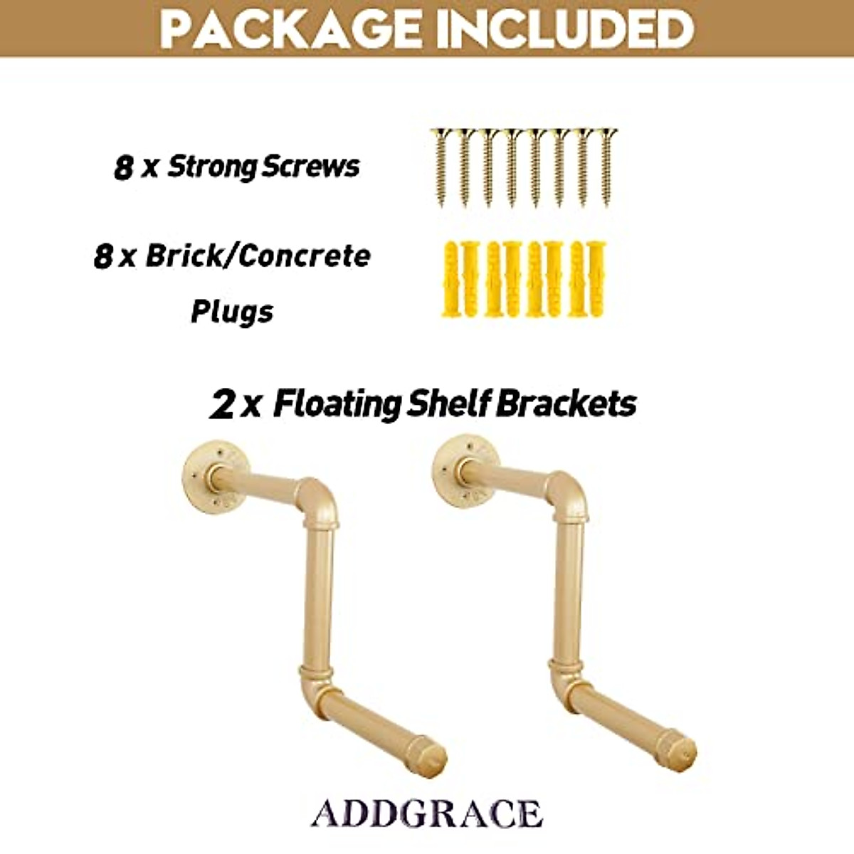 AddGrace Pipe Clothing Rack 2Pack 18Inch Detachable Garment Rack DIY Wall Mounted Industrial Pipe Clothing Hanging Rack for Home and Clothing Store (Gold) 46cm