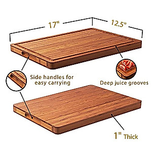 Large Wood Cutting Board for Kitchen, 1” Thick Bamboo Cheese Charcuterie Board, Butcher Chopping Block, with Juice Grooves and Handles