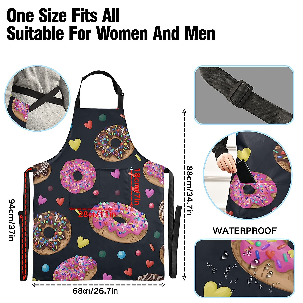 ALAZA H Yummy Donuts Adjustable neck strap Bib Aprons with 2 Roomy Pockets