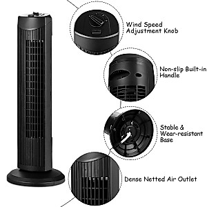 COSTWAY Tower Fan, 28-Inch Oscillating Tower Fan, Quiet Cooling Whole Room Bladeless, 3 Speed, 3 Wind Mode, Oscillating Tower Fan for Bedrooms, Living Rooms, Kitchen (Black)