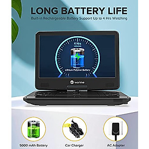 WONNIE 16.9" Portable Blu-Ray DVD Player with 14.1" 1080P Full HD Large Screen, Dolby Audio, 4 Hrs Rechargeable Battery, Support HDMI Out, AV in, USB/SD Card, Last Memory