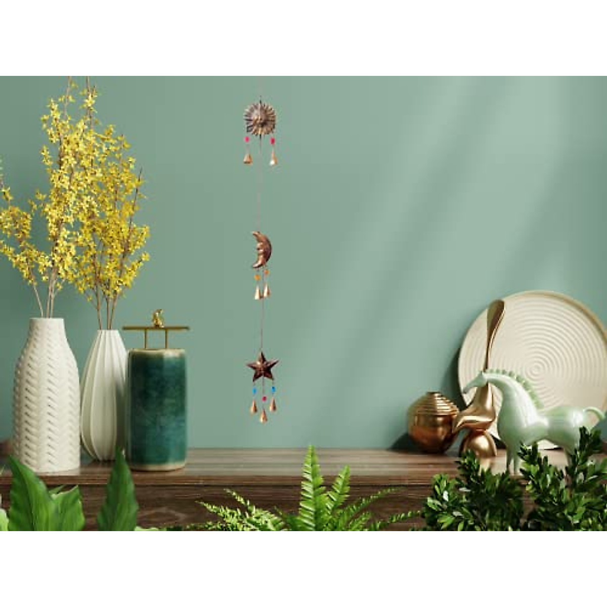 Mie Creations Sun Moon Star Face Wall Hanging Décor Chime Bells | Metal Cutouts Ornaments, Crescent Moon Phases Garland Art | Celestial, Earthy Decorations | Wicca Pagan Christmas Décor -Antique Gold