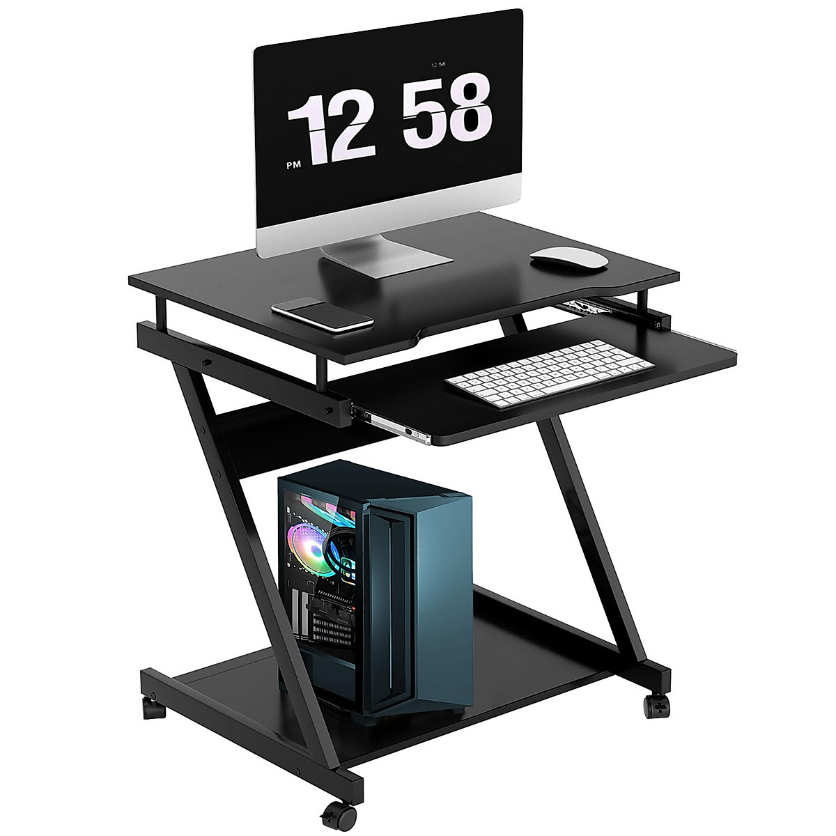 SogesHome 23.6inches Mobile Laptop Desk, Bed Table Portable Computer Desk with Lockable Wheels, Rolling Computer Cart with Keyboard Tray, Black