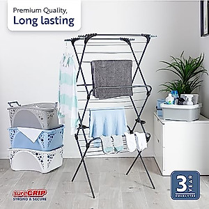 Minky Premium SureGrip 3 Tier Indoor and Outdoor Clothes Drying Rack, Lightly Textured Non Slip Rungs, 69 Ft. of Hanging Space, Silver