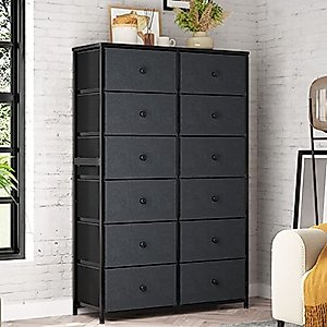 EnHomee 12 Drawer Dresser, Tall Dressers for Bedroom with Wooden Top and Metal Frame, Black Dresser & Chest of Drawers for Bedroom, Closet Living Room, Black Grey, 11.9" D x 34.8" W x 52.2" H