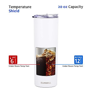 SUNWILL Straw Tumbler Skinny Travel Tumbler with Lid, Vacuum Insulated Double Wall Stainless Steel 20oz for Coffee, Tea, Beverages, White