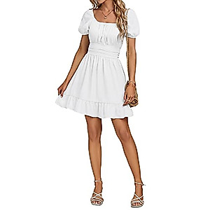 Rooscier Women's Square Neck Puff Short Sleeve Ruffle Elastic Waist Tie Back Mini Dress White Small