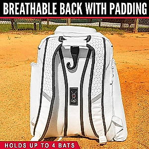 Hit Run Steal White Softball Baseball Bag - Holds 4 Bats, Glove, Water Bottle, Shoe Compartment, Helmet, Fence Hook for Equipment & Gear