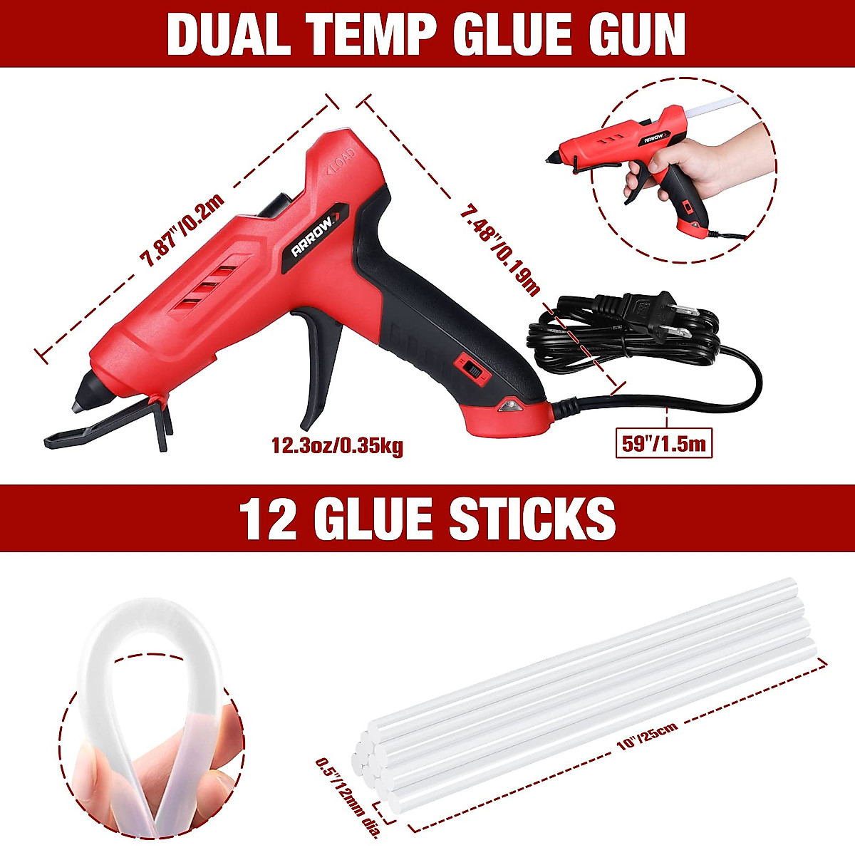 Arrow Full Size Dual Temp Glue Gun Kit with 12 Sticks - Professional, High/Low Temperature, Fast Heating, Heavy Duty with Stand for Décor, Crafts, Repairs, Construction