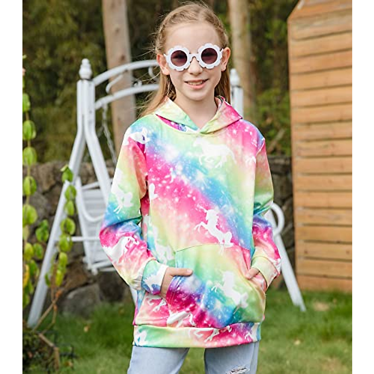 Rainbow Unicorn Sweatshirts for Girls Pullover Hoodies Colourful Pink Blue Green Purple Yellow Long Sleeve Lightweight Clothing 4-6 Years Old
