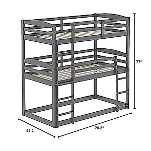 GLORHOME Twin Over Twin Triple Bed, Space Saving Wood Floor Bunk Bedframe with Safety Guardrail & Ladder for 3 Kids Teens, No Box Spring Needed, White