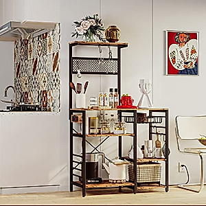 IRONCK Bakers Rack, Microwave Stand with Power Outlet, Industrial Coffee Bar with Wire Drawer for Kitchen, Living Room Easy Assembly and Save Space Vintage Brown