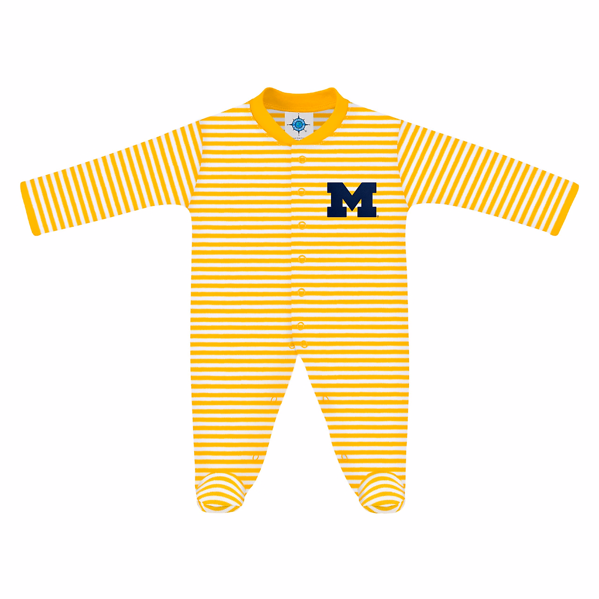 Creative Knitwear College Baby Striped Footed Romper - Michigan Wolverines Logo - Gold/White - 6-9 Months