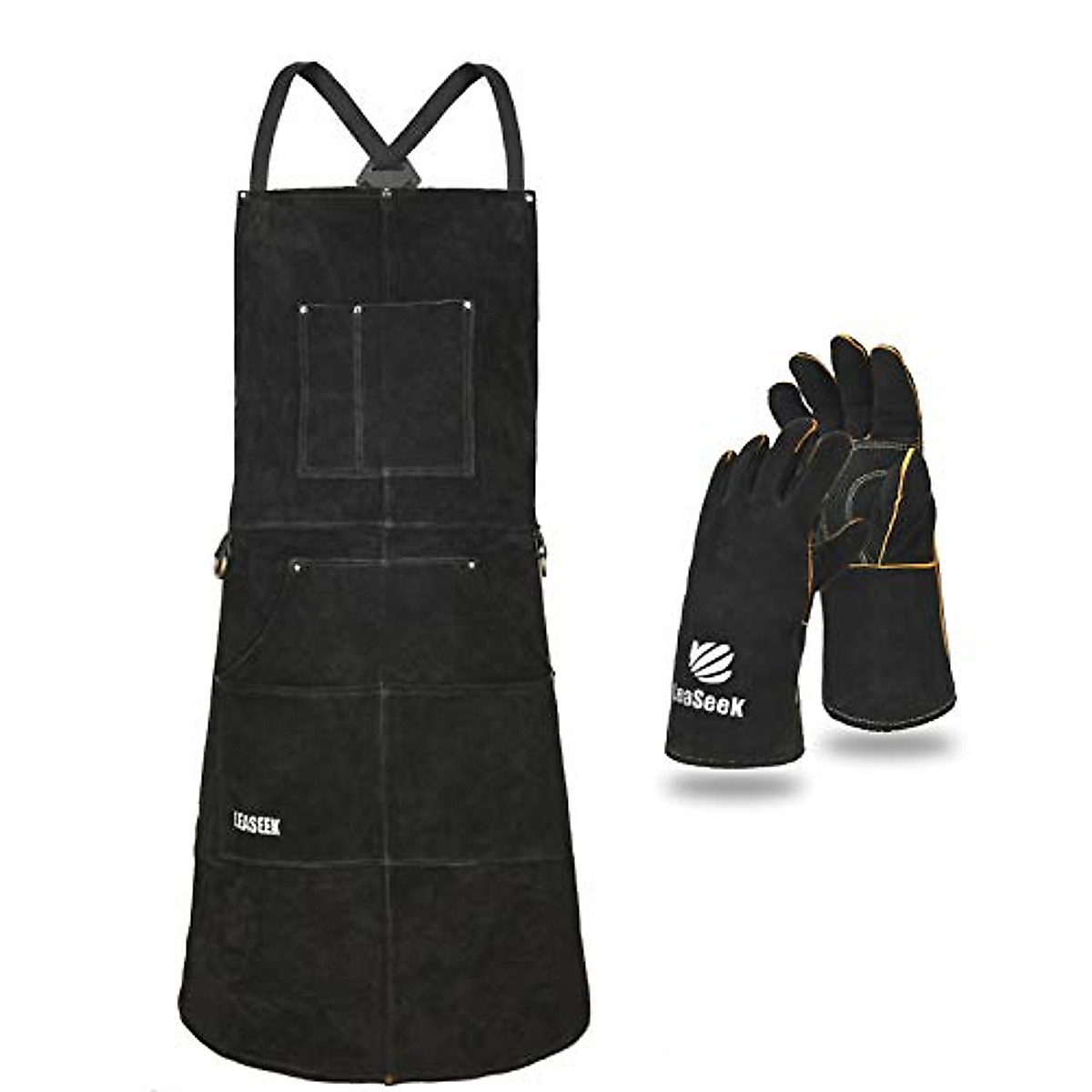 Leather Work Apron with Gloves - 6 Tool Pockets for Men& Women - Welding Apron - Ideal for Woodworking, Blacksmithing, Gardeners, Mechanics, BBQ - Adjustable M to XXXL