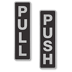 SmartSign Pack of 2 Push and Pull Door Signs, 2" x 7", 20 mil Thick Anodized Aluminum Material, Strong Adhesive Backing, Waterproof, Sealed Legend, Black and Silver, USA Made