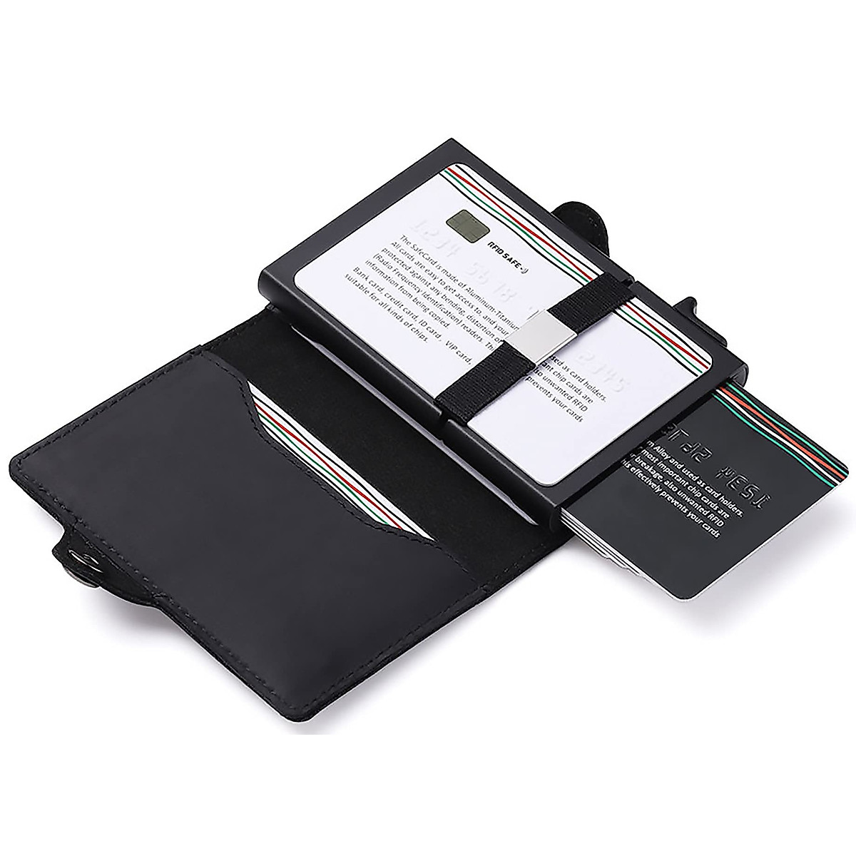 TNE Airtag Wallet (Airtag not Included) Genuine Leather Credit Card Money Holder Automatic Pop Up Mini Aluminum Wallet with Zipper Coin Pocket | Airtag Case Men or Women Air Tag Cover (Black)