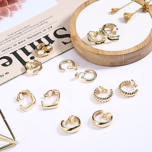 UBGICIG 6 Pairs Gold Clip on Hoop Earrings For Women Fashion Clip on Earrings Gold Chunky Hoop Earrings No Piercing Fake Earrings Set (Gold Tone)