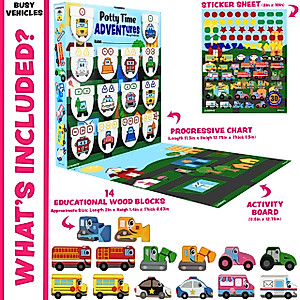 Potty Time Adventures Potty Training Chart for Toddlers by Lil ADVENTS - 14 Wooden Stacking Block Toys - Potty Training Advent Game, Behavior Reward Chart, Car Stickers, Activity Board - Busy Vehicles