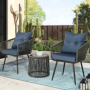 BPTD 3 Piece Outdoor Bistro Set Patio Set Balcony Furniture Outdoor Furniture Rattan Chair Conversation Sets with Side Table for Porch, Backyard, Balcony (DGRY-Navy)