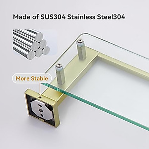 LANC Bathroom Shelves with Towel Bar 20 Inch Gold Floating Tempered Glass Shelf with Towel Rails for Shower Bath Kitchen Storage Rack Wall Mounted Rustproof Stainless Steel Brushed Gold，A7615BG
