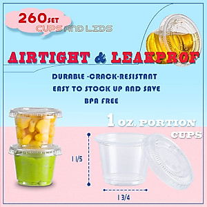 [260 Sets - 1 oz ] Jello Shot Cups, Small Plastic Containers with Lids, Airtight and Stackable Portion Cups, Salad Dressing Container, Dipping Sauce Cups, Condiment Cups for Lunch, Party, Trips