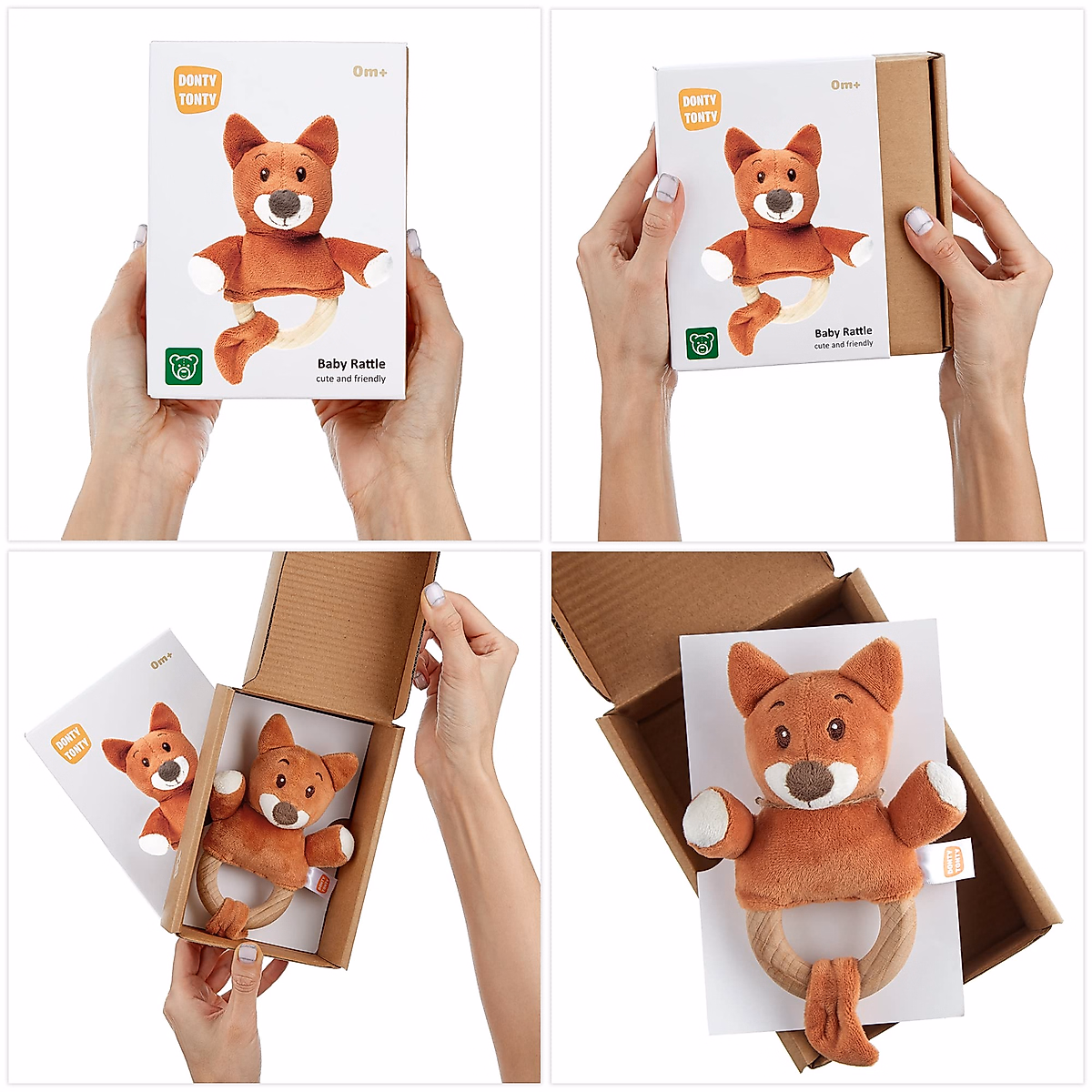 Donty-Tonty Premium Wood Baby Teether Rattle Toy Easter Baby Gift - Animals Soft Plush Shaker Toy with Natural Wooden Teething Ring Toddler, Newborn Boy, Girl, Gifts for 0 3 6 9 12 Months - Red Fox