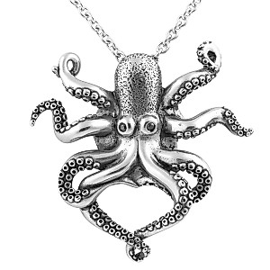 Controse Silver-Toned Stainless Steel Black eyed Octopus Necklace with Pendant (18" - 20" Adjustable Chain)