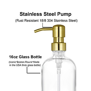 Clear Glass Jar Soap Dispenser with Gold Pump,16oz Round Bottle Dispenser with Stainless Steel Pump, Bathroom Soap Dispenser Set for Home Decor, Farmhouse & Kitchen Decor (Gold)