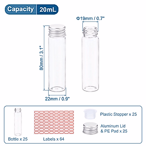 PATIKIL 20ml Clear Glass Vials, 25 Pack Small Liquid Sample Vial with Screw Caps Plastic Stoppers and 64 Labels Leak-Proof Bottles Empty Jars