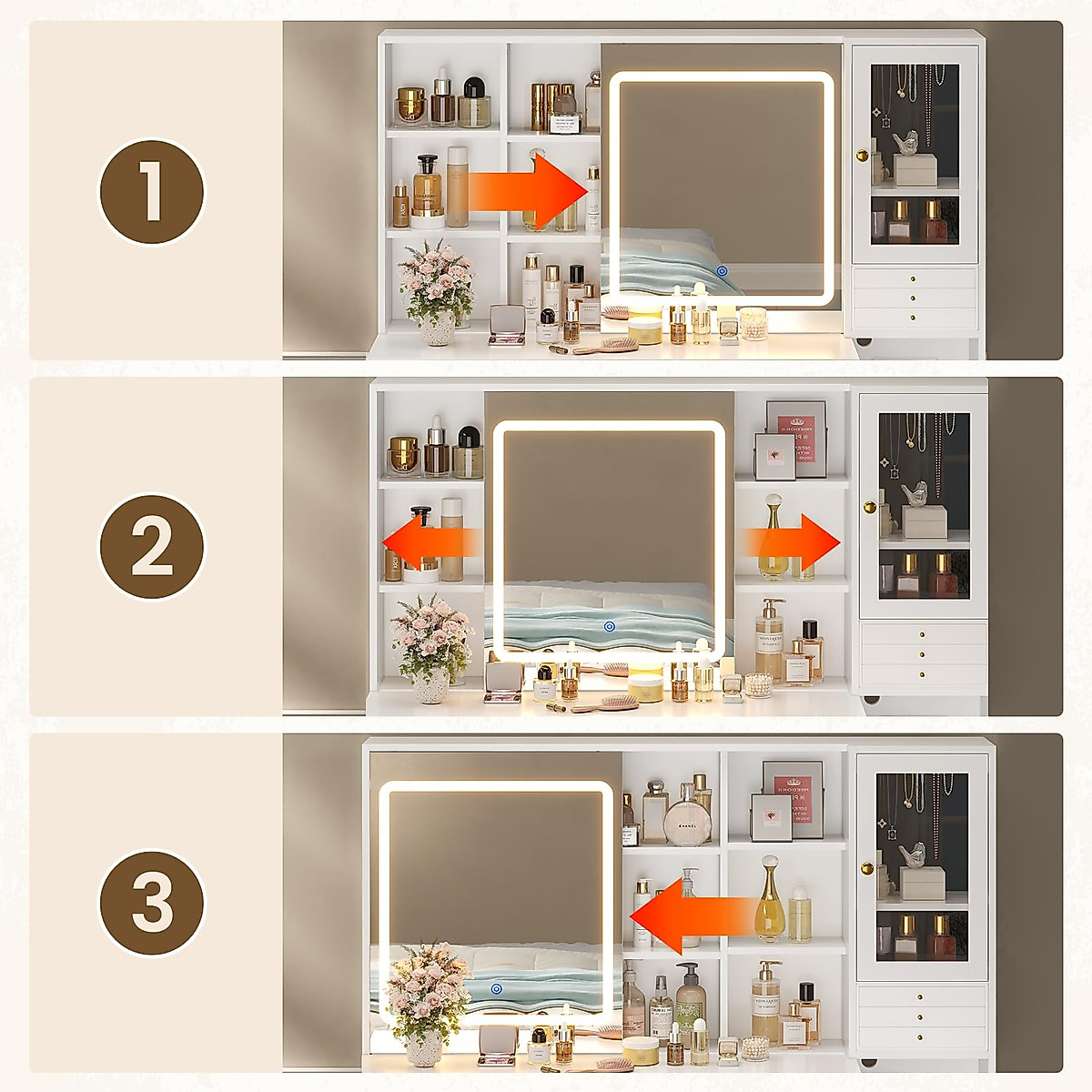 HAUOMS Makeup Vanity with Lights & Sliding Mirror, Vanity Desk with Jewelry Organizer, Glass Cabinet & 5 Drawers, Dressing Table, Modern White