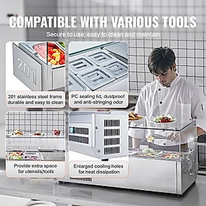 VEVOR, 130 W Countertop Refrigerated Condiment Station, with 1 1/3 4 1/6 Pans, 304 Stainless Body and PC Lid, Sandwich Prep Table Guard, ETL, Glass 40in, Silver
