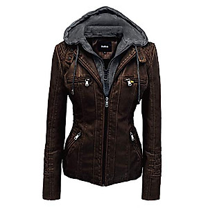 Hoffen Premium Vegan Leather Jacket for Women with Detachable Hood - Seitig Model (Coffee, S)