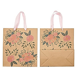24 Pack Reusable Kraft Paper Floral Gift Bags with Pink Ribbon Handles for Party Favors, Mothers Day, Weddings, Birthday Celebration, Baby Shower, 2 Designs (9 x 8 In)