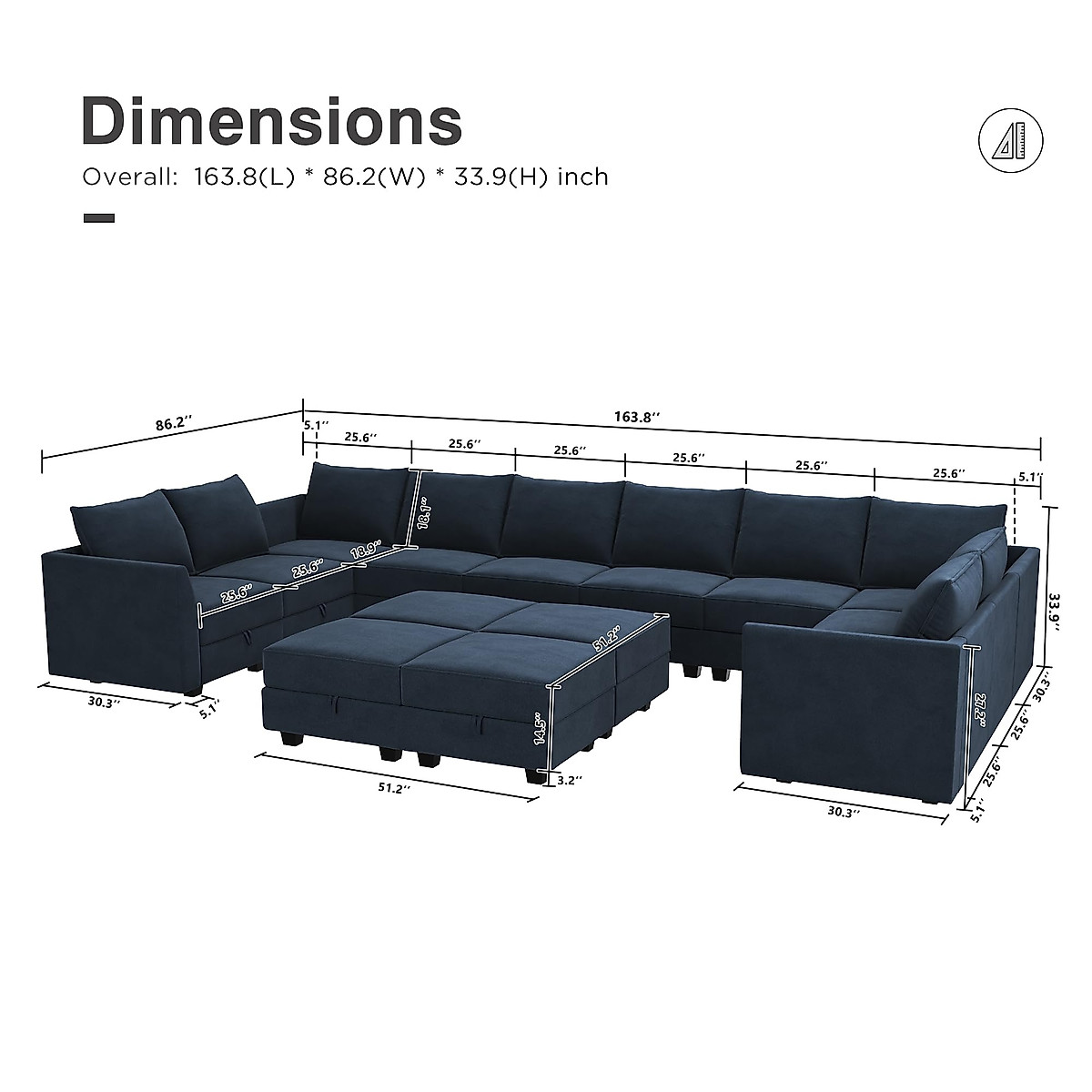 HONBAY Velvet Modular Sofa Couch with Chaise Oversized U Shaped Sectional Sofa Reversible Modular Sofa Bed with Storage Seats, Dark Blue